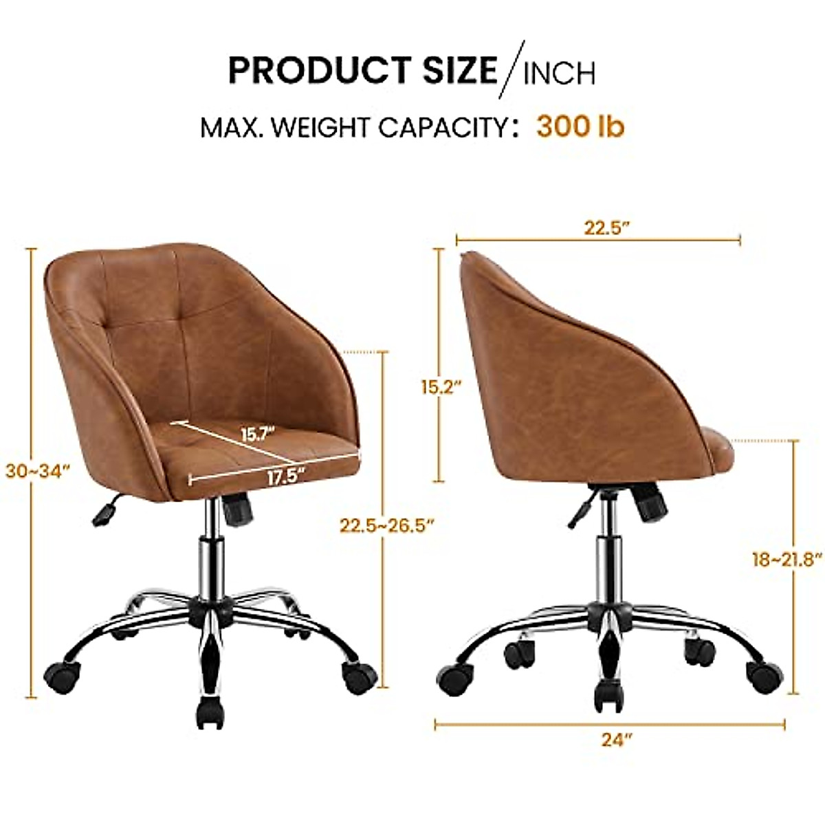 Yaheetech Faux Leather Desk Chair, Makeup Vanity Chair with Adjustable Tilt Angle, Swivel Office Chair Upholstered Armchair Study Chair for Bedroom and Makeup Room Retro Brown