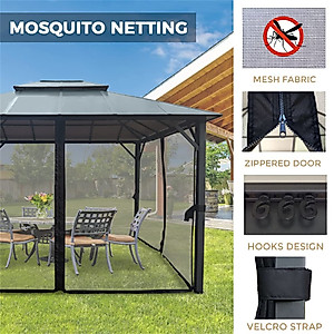 Walnut 12 ft. x 10 ft. Aluminum Hardtop Outdoor Patio Gazebo with Insulated Double-Roof Hardtop and Netting
