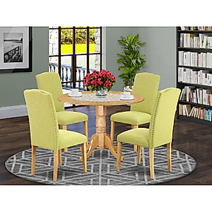 East West Furniture DLEN5-OAK-07 5 Piece Kitchen Table & Chairs Set Includes a Round Dining Table with Dropleaf and 4 Limelight Linen Fabric Parson Dining Chairs, 42x42 Inch, Oak