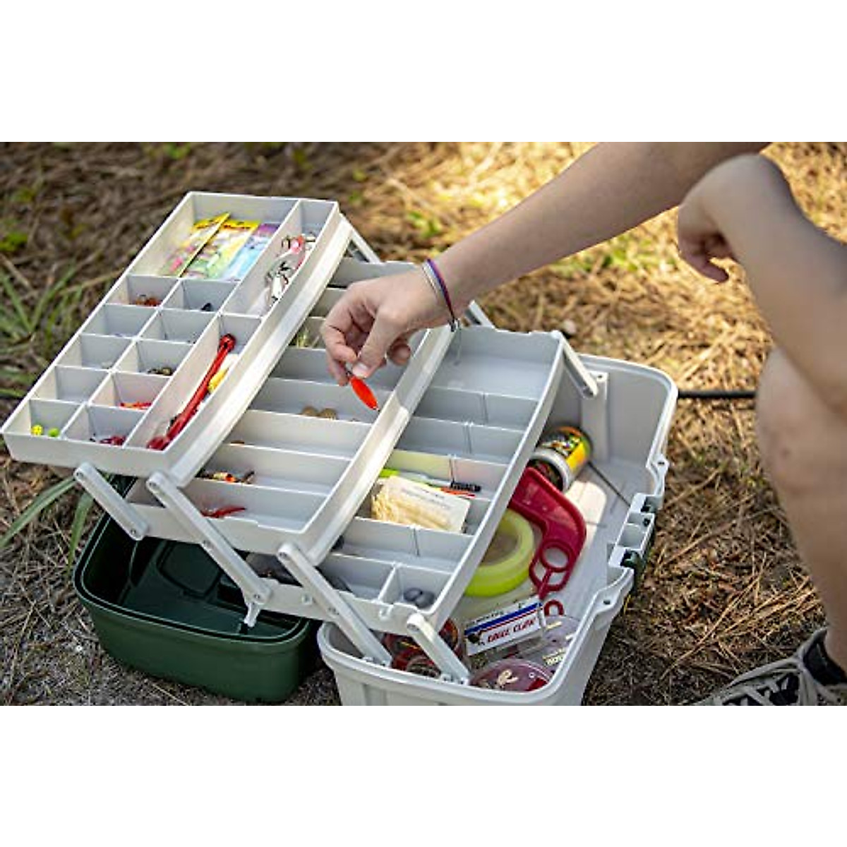 Plano 3-Tray Tackle Box with Dual Top Access, Dark Green Metallic/Off White, Premium Tackle Storage