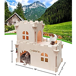 Cooenia Castle Chinchilla House, Hamster Wooden Large 2 Floor Guinea Pig Hideout Play House Hut with Windows, Door and Apple Sticks for Hedgehog Gerbil Hamster Small Animal Habitat