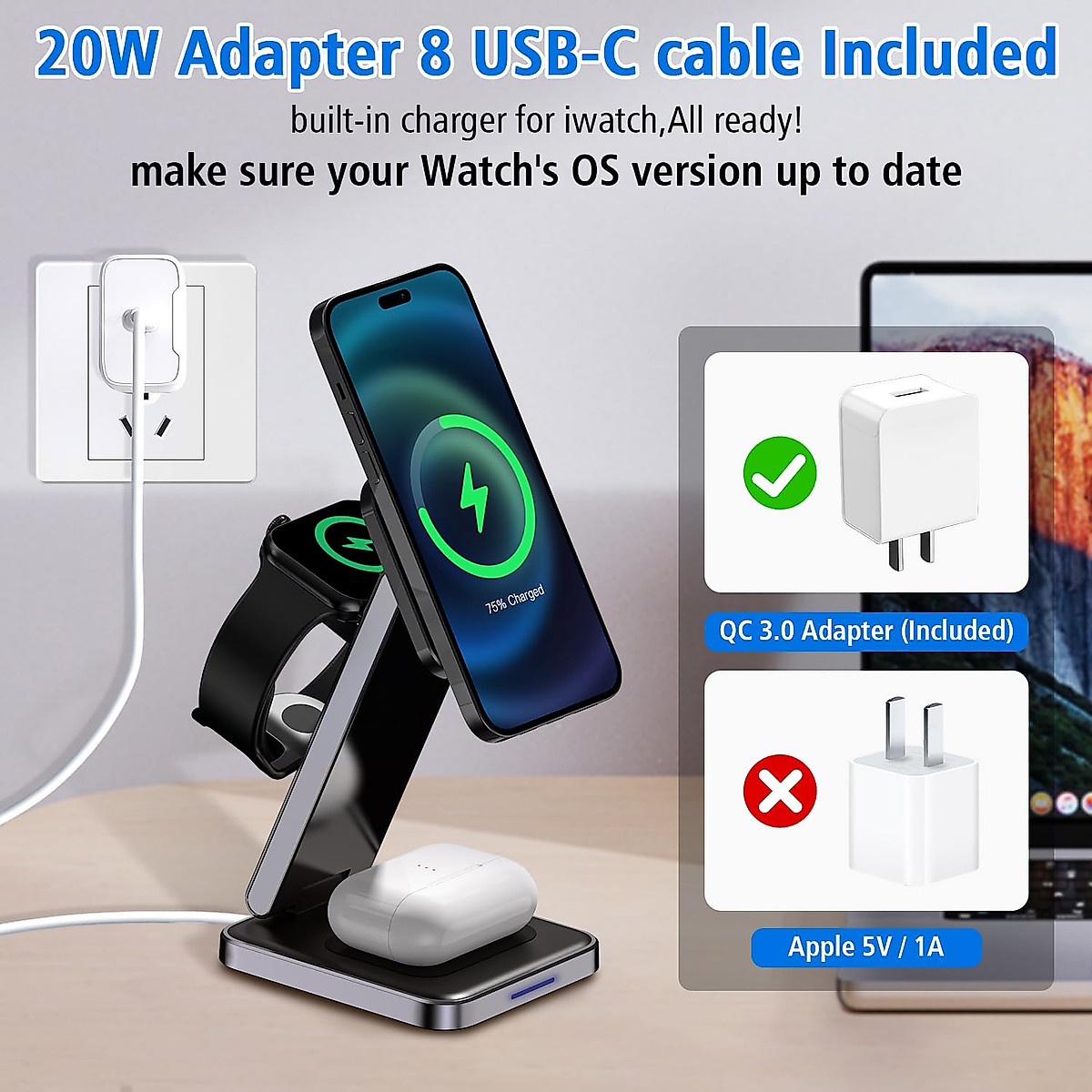 3 in 1 Magnetic Wireless Charger,Foldable Mag-Safe Wireless Charging Station for Apple Watch Series 9/Ultra 2/8/7/SE/SE2,Apple 15 Pro Max/15/14/13,Air-Pods 3/Pro/2 Mag Safe Charger Stand Dock(Black)