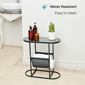 HoRunzelin Modern Oval End Table with Leatherette Magazine Sling, Glass Top Small Side Table with Metal Frame, Rustic Snack Accent Table, Black