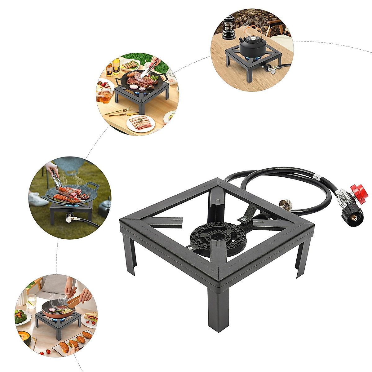 Square Portable Single Burner Outdoor Gas Stove Propane Cooker with Adjustable 0-20Psi Regulator Hose for Patio Camping, BBQ, Home Brewing, Turkey Fry, Maple Syrup Prep