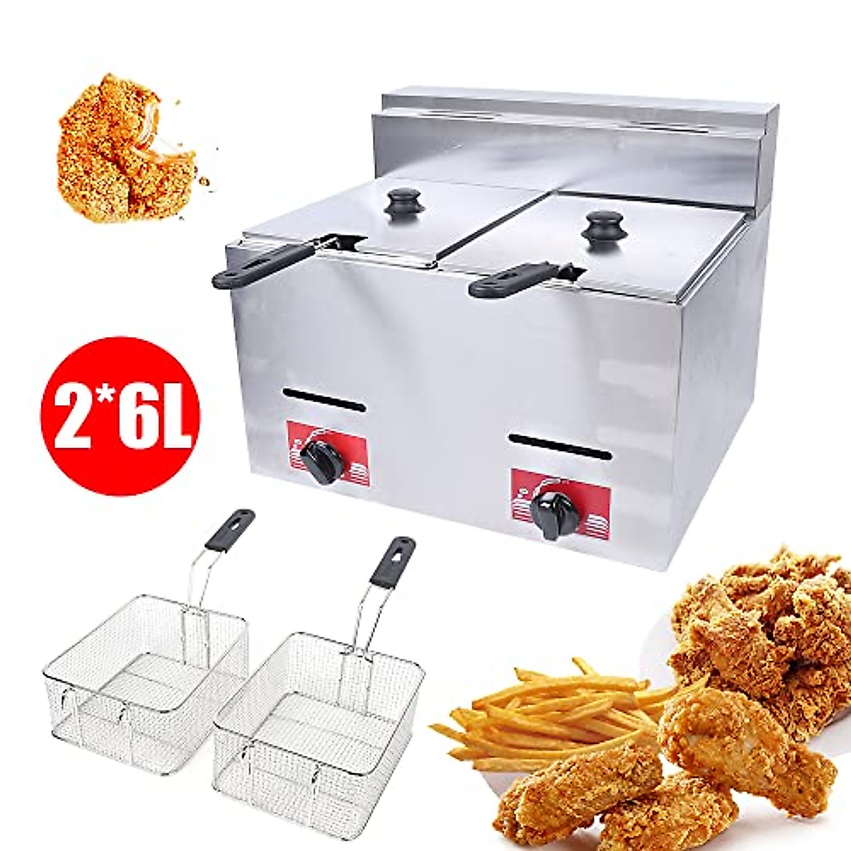 Commercial Deep Fryer, Stainless Steel Gas Deep Fryer Countertop with 10L 2 Baskets and Lid Gas Deep Fryer Propane LPG Deep Fryer