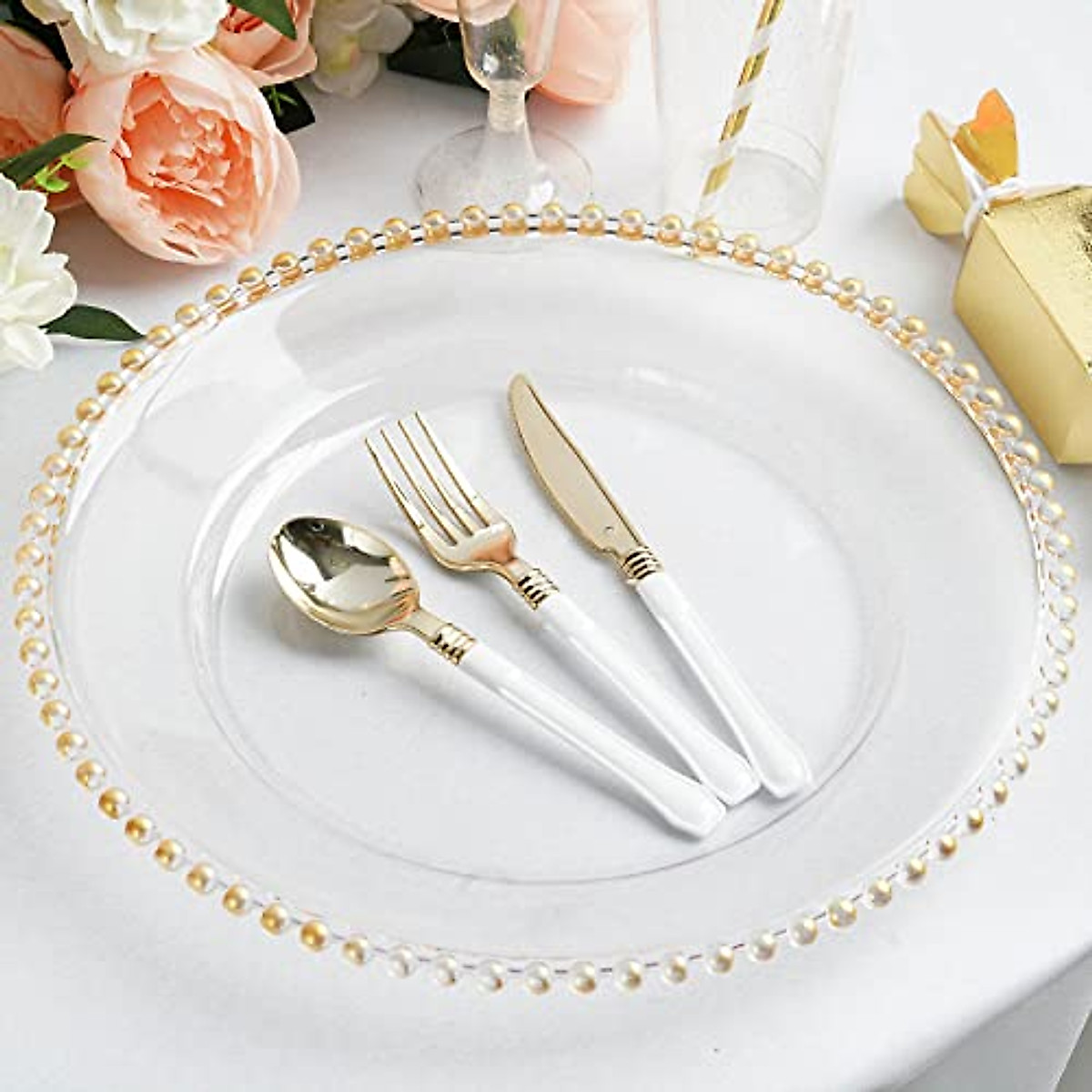 Efavormart 6 Pack 12" Gold Clear Acrylic Round Charger Plates With Beaded Rim Dinner Charger Plates