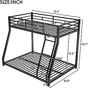 DNYN Twin Over Full Metal Bunk Bed with Safety Guardrail & Ladder for Kids/Adults,Floor Bunkbeds,Sturdy Steel Bedframe,No Box Spring Need,Perfect for Dorm,Bedroom,Guest Room,77.1"x55.9"x53.7", Black