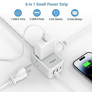 Small Flat Plug Power Strip, TESSAN Ultra Thin Extension Cord with 3 USB Wall Charger (1 USB C), 3 Outlets Mini Nightstand Charging Station, 5 ft Slim Plug for Cruise, Travel, Dorm Room Essentials