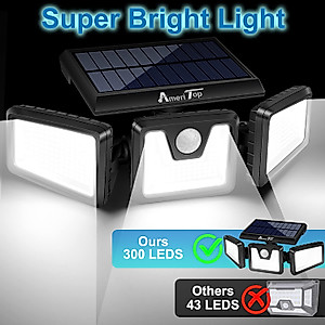AmeriTop Solar Lights Outdoor, 300 LED 2200mah 7000K Cordless LED Motion Sensor Flood Light, 3 Heads with 3 Mode, IP65 Waterproof, Remote Security LED Flood Light(Daylight) 2 Pack