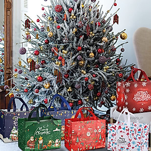 PARSUP 24PCS Christmas Reusable Grocery Bags,Tote Bags with Handles, Treat Bags, Multifunctional Non-Woven Bags for Gifts Wrapping Shopping, Xmas Party Supplies, 12.8×9.8×6.7inch