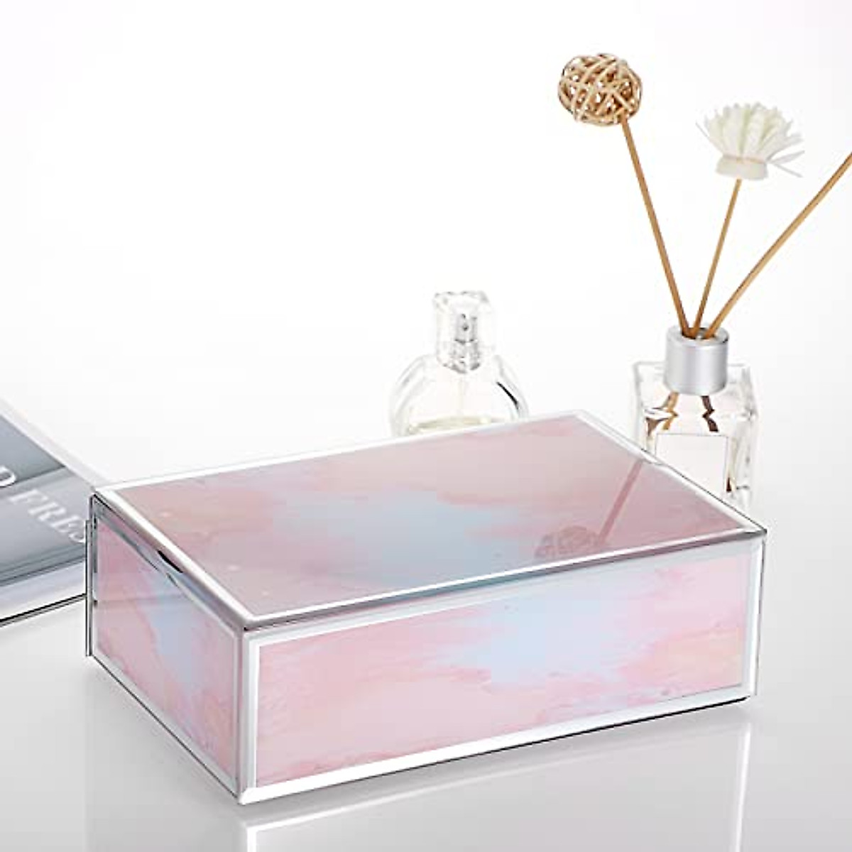 Hipiwe Pink Glass Jewelry Box Large Trinket Storage Box Treasure Box Decorative Jewelry Box Keepsake Box Jewelry Organizer for Women Girls