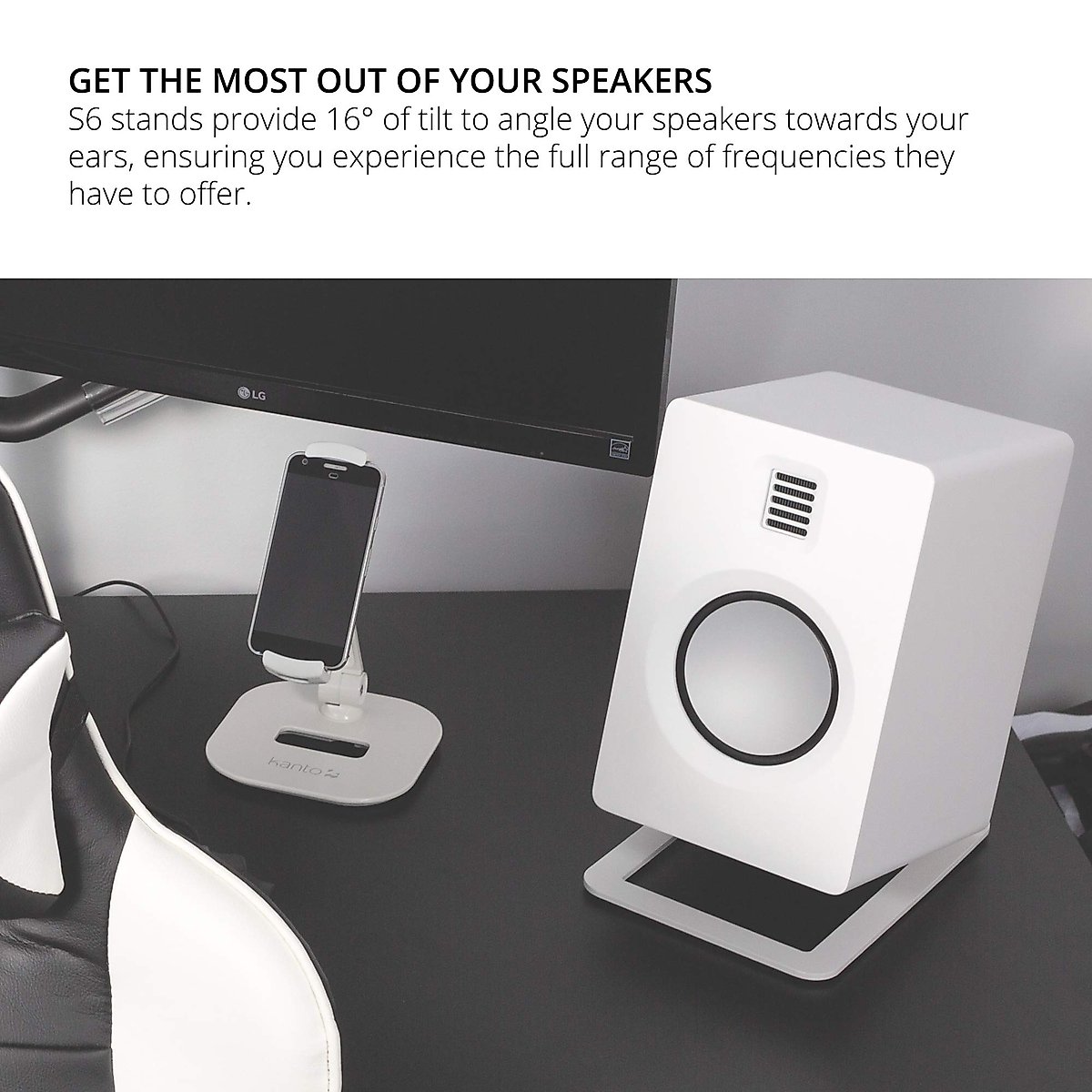 Kanto S6W Tilted Desktop Speaker Stands for Large Bookshelf Speakers & Full-Size 5”-7” Studio Monitors | Supports 20 lbs | Damping Foam Padding | ¼”-20 Mounting | Pair | White