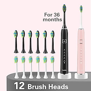 7AM2M Electric Toothbrush 2 Pack Set for Kids and Adults, 12 Brush Heads,5 Adjustable Modes, Built-in 2-Minute Smart Timer,Wireless Fast Charge for 60 Days,IPX7 Waterproof SonicToothbrush(Black+Pink)