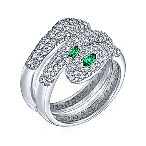 Bling Jewelry Egyptian Style Exotic Formal CZ Micro Pave Simulated Emerald Green Eye Wrapping Stackable Bypass Wrap Wide Statement Serpent Snake Ring for Women Open Adjustable .925 Sterling Sliver