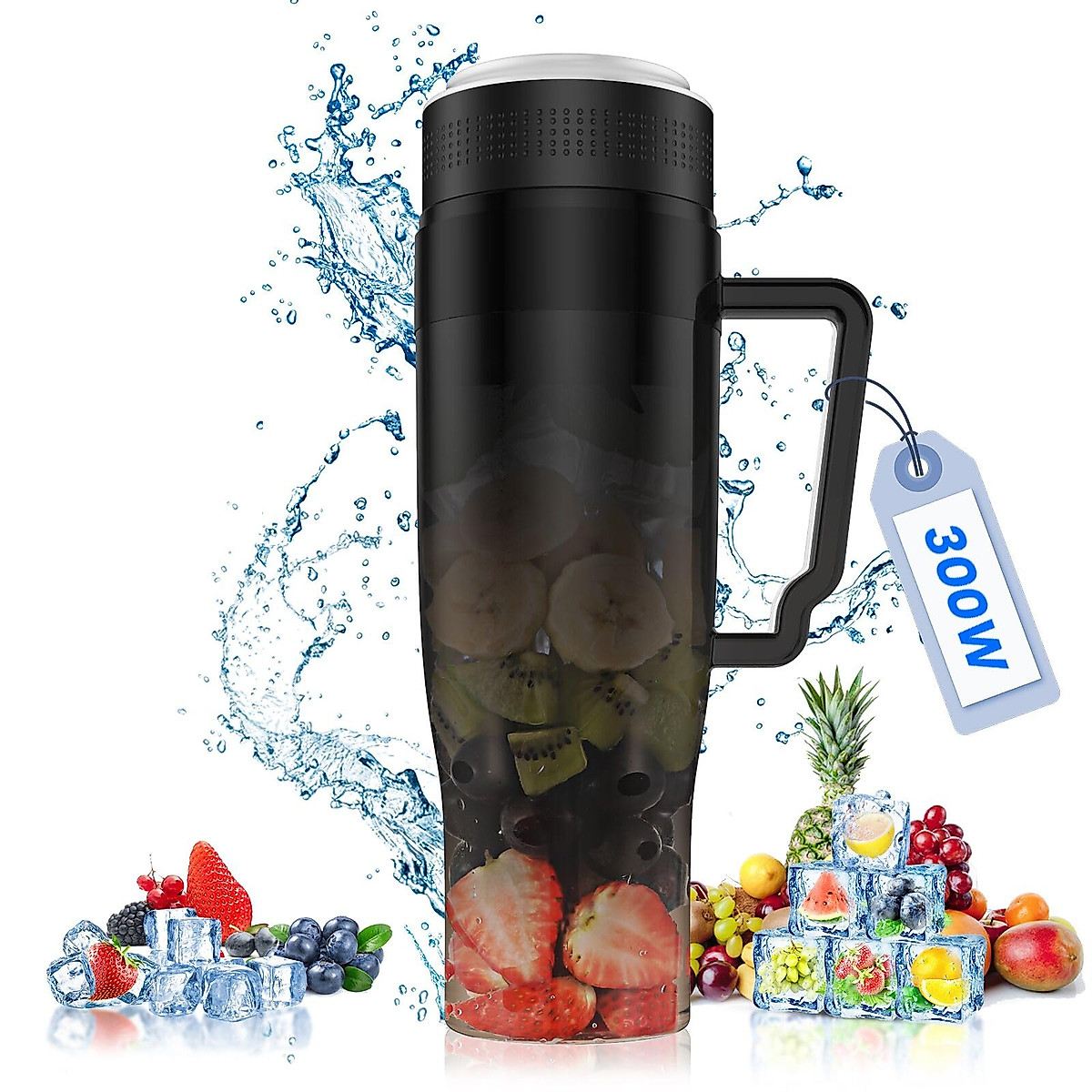 Portable Blender, 300W Blender for Smoothies and Shakes, 22 oz Smoothie Blender with 6 Blades, BPA Free, USB-C Rechargeable, Handle and Straw Lid, Mini Travel Blender for Anywhere, Black