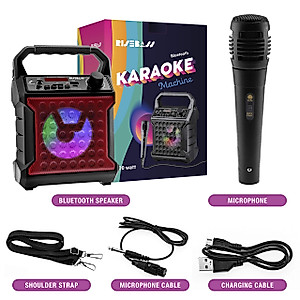 Risebass Portable Karaoke Machine with Microphone - Karaoke System with Party Lights for Kids and Adults - Rechargeable USB Speaker Set with FM Radio SD Card, AUX-in, Birthday Gift for Girls and Boys