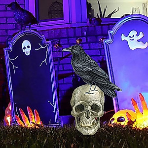Halloween Yard Sign Crow On Skeleton Head Scary Stakes Yard Decorations Halloween Party Decorations Garden Stakes Decor Yard Signs Yard Art for Patio, Garden, Porch Halloween Party Decor 1 Pack