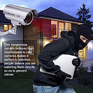 Dummy Security Camera, FITNATE 4 Packs Fake Surveillance Security CCTV Camera System with LED Red Flashing Light for Both Indoor & Outdoor Use + Security Camera Warning Stickers × 4 (Silver)