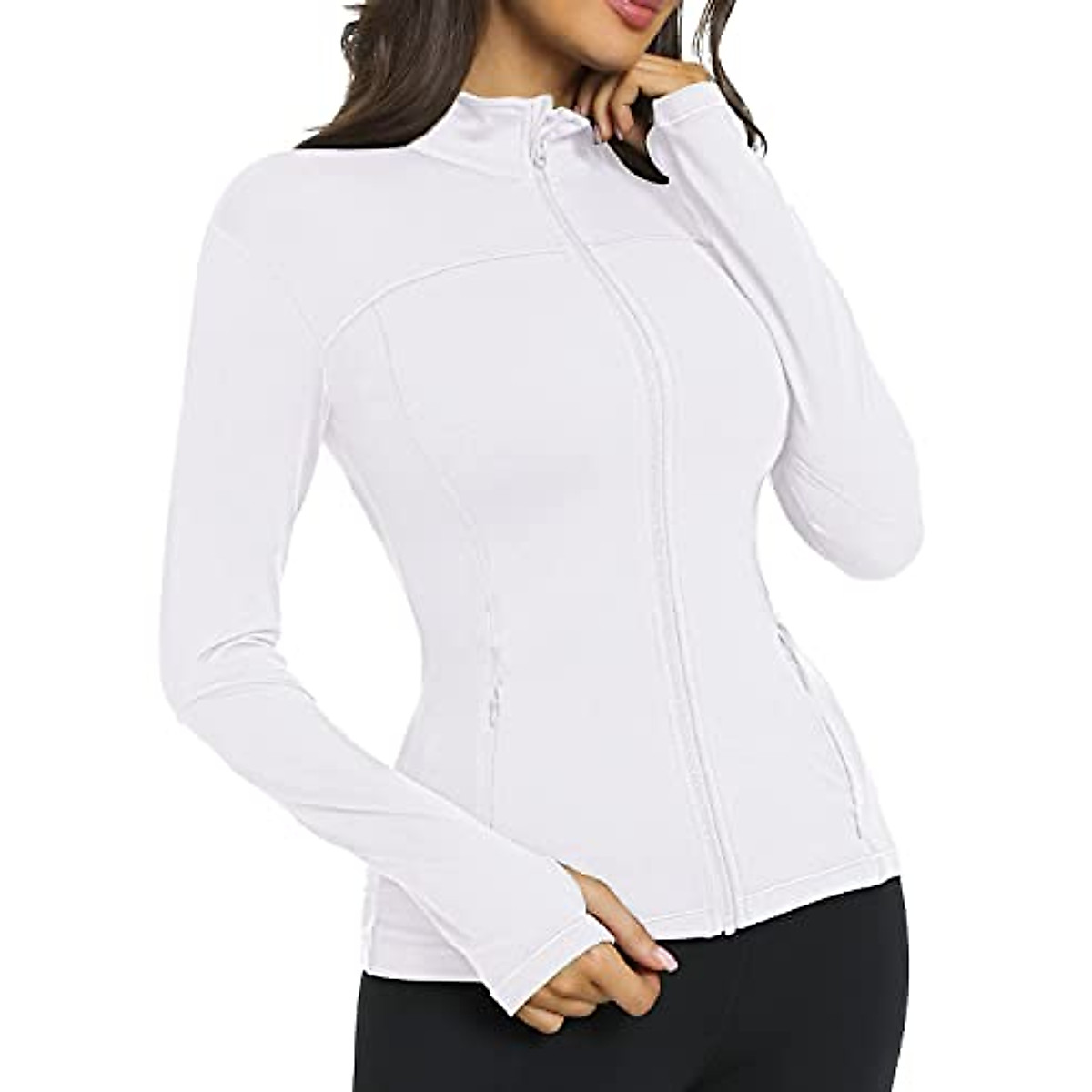 QUEENIEKE Womens Sports Jacket Turtleneck Slim Fit Full-Zip Running Top Size M White