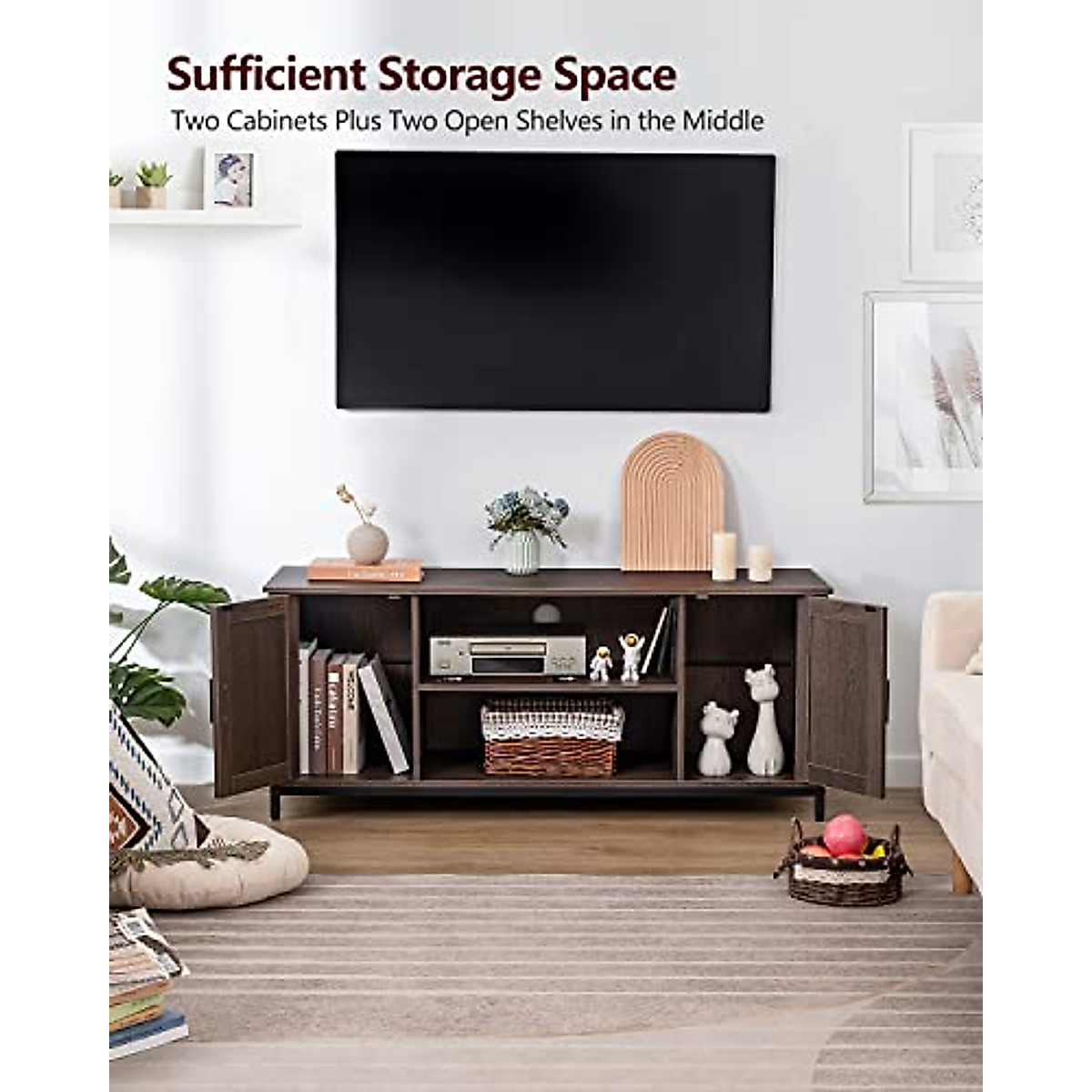 WEENFON Farmhouse TV Stand for 55 Inch TV, TV Console with Storage Barn Doors,Entertainment Center for Living Room, Bedroom, TV Stand with Stable Metal Frame, Dark Brown
