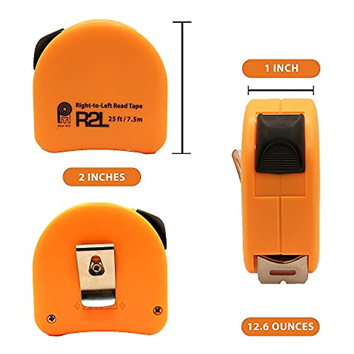 PERFECT MEASURING TAPE Left Handed Tape Measure with Right-to-Left Read - Measurement Reading Made Easy - Steel Hi-Visibility Orange Tape Measure 25ft/7.5m (Model RL-02)