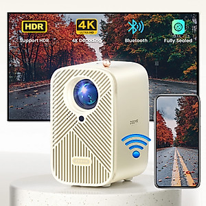 ZEEMR Mini Projector, Portable Projector with WiFi and Bluetooth, Support 1080P and 4K, HDR10, Fully Sealed Dust-Proof, Outdoor or Home Theater Projector, Compatible with All TV Stick(White)