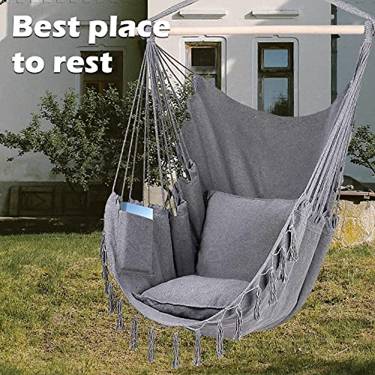 HFKJ Hammock Chair Hanging Rope Swing Chair with 2 Seat Cushions & Installation Kit, Max 330 Lbs, Handmade Macrame Hanging Chair for Bedroom Patio Yard Garden, Dark Grey