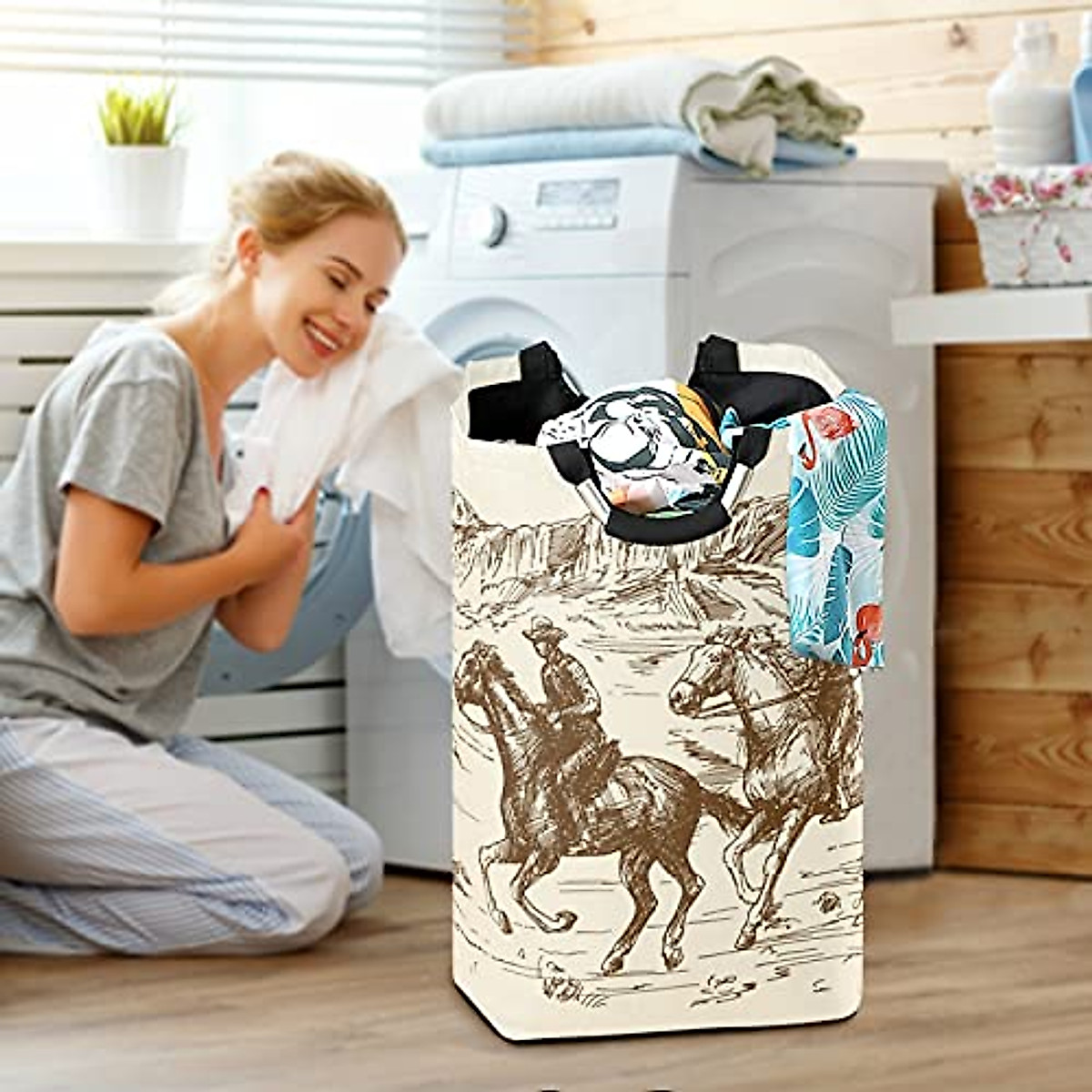 WELLDAY Laundry Hamper with Handle Western Desert Cowboy Laundry Baskets Foldable Dirty Clothes Basket Large Storage Laundry Organizer