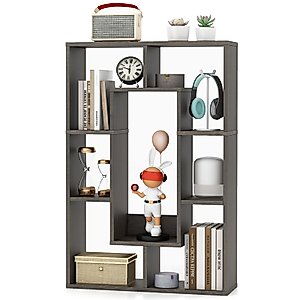 Tangkula 35.5” Geometric Bookshelf, Freestanding Wood Open Bookcase with 7 Cubes, Anti-Toppling Devices, Home Office Décor Rectangular Storage Shelf Display Rack for Study Living Room (1, Gray)