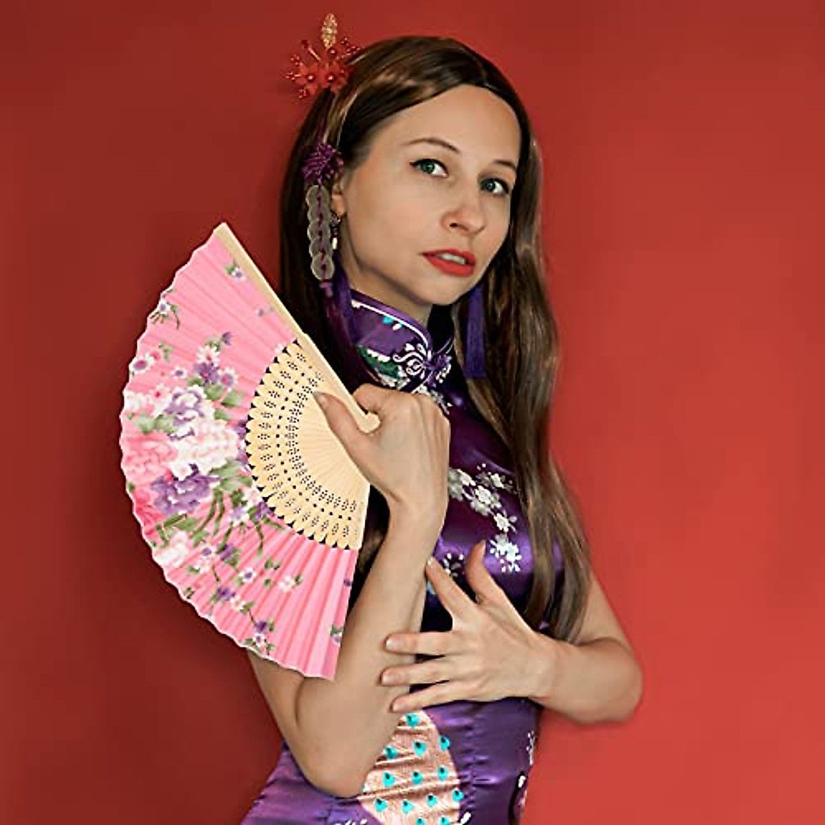 RAZZUM Hand Fan Foldable 2 Pcs Floral Folding Hand Fan Chinese Vintage Retro Silk Handheld Fans with Frames for Wedding Dancing Church Party Gifts Pink Japanese Fan Fan