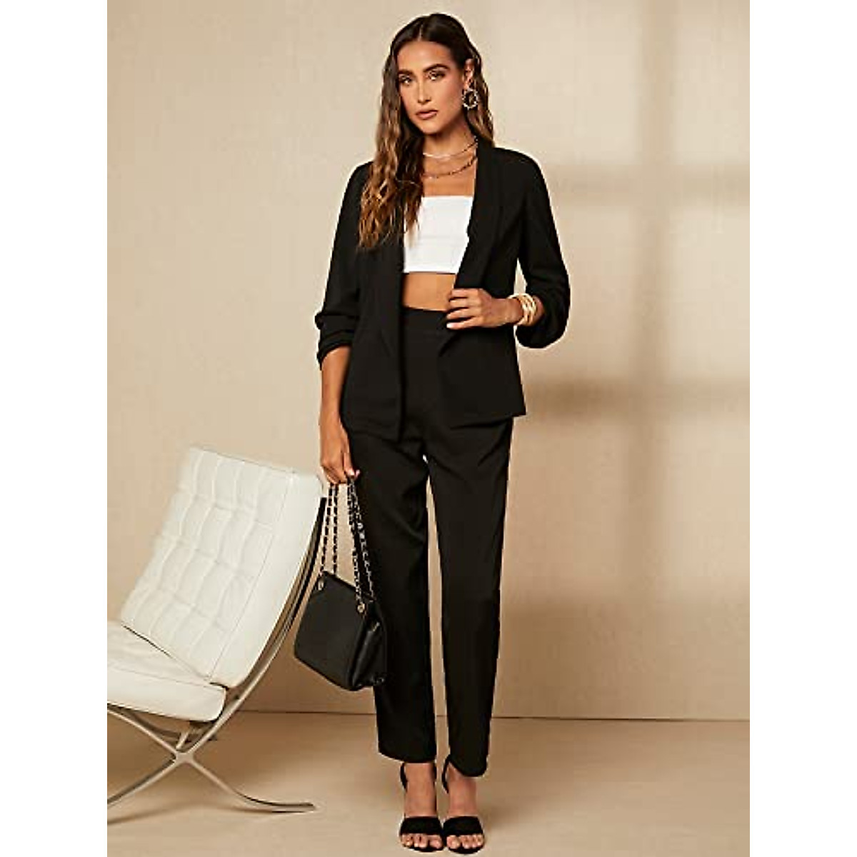 Verdusa Women's 3/4 Length Sleeve Shawl Collar Ruched Sleeve Open Front Suiting Blazer Black M