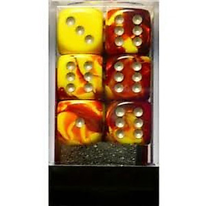 Chessex Dice d6 Sets: Gemini Red & Yellow with White - 16mm Six Sided Die (12) Block of Dice