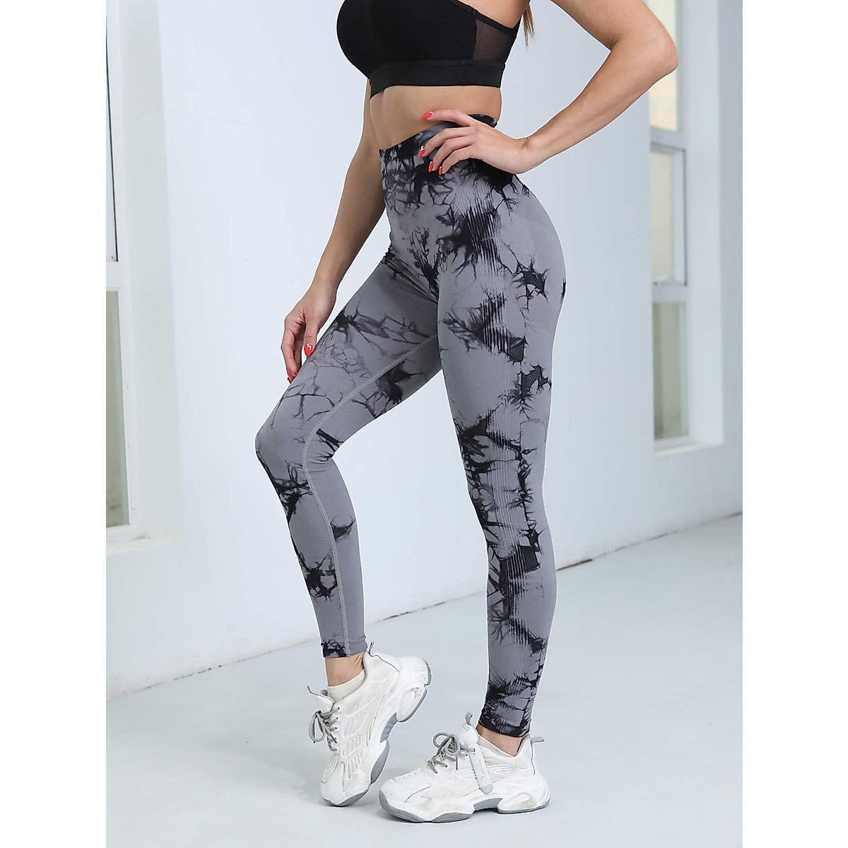 OVESPORT Seamless Leggings for Women Butt Lift High Waist Sexy Tie Dye Yoga Pants Soft Opaque Sports Workout Tights Running(CK1370, Black, L)