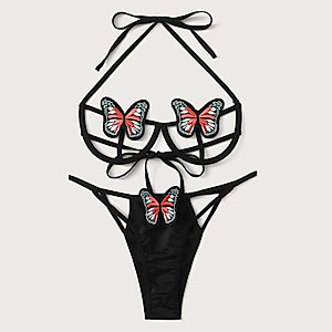 Atezch_ Women Butterfly Bra G-String Thong Set Halter Lingerie Teddy Two Piece Hollow Out Backless Bodysuit Strap Babydoll Sleepwear (Black, M)