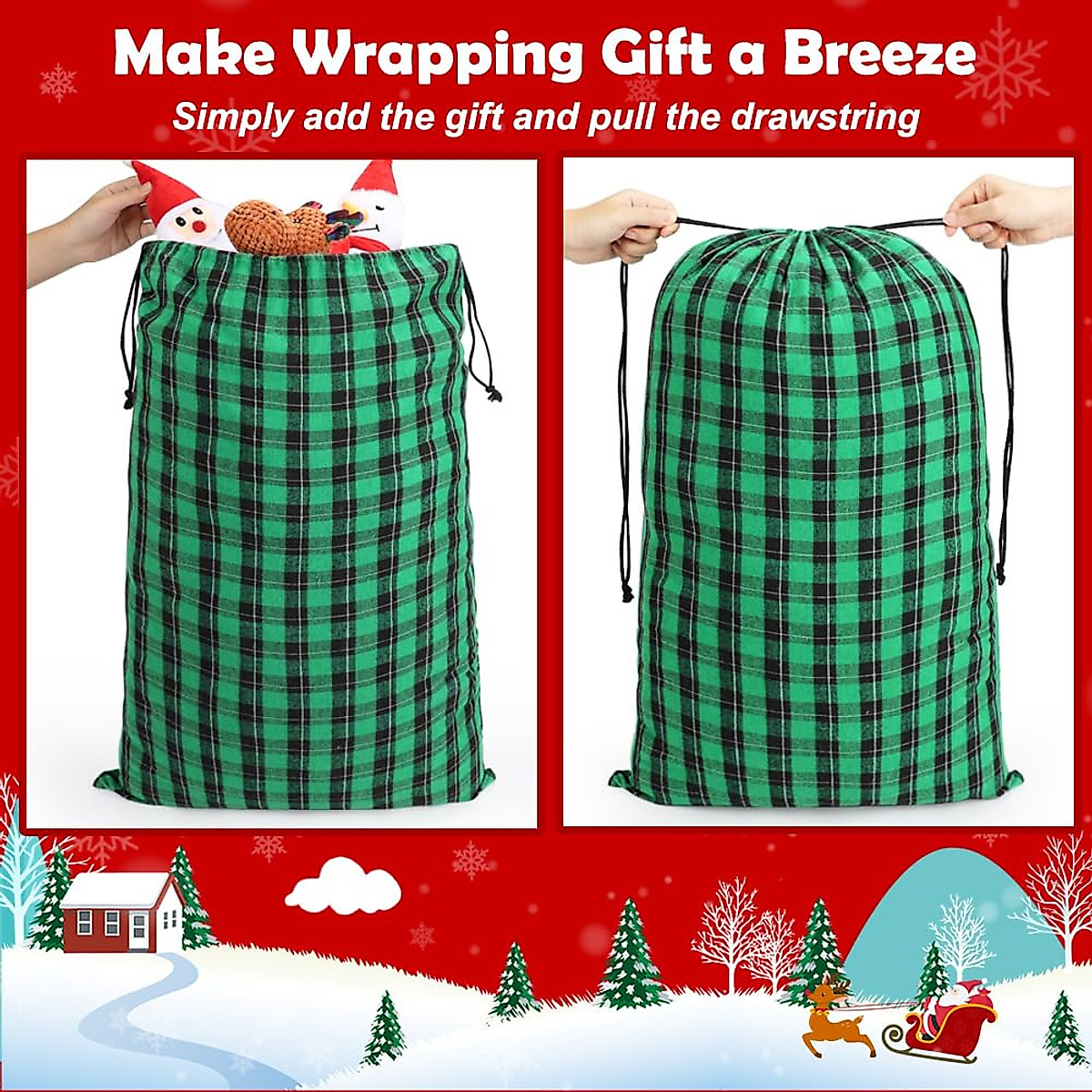 HRX Package 2pcs Cotton Santa Bags, 27.5x19inch Large Fabric Drawstring Christmas Gift Bags, Holiday Gift Wrap with Gift Tag for Presents