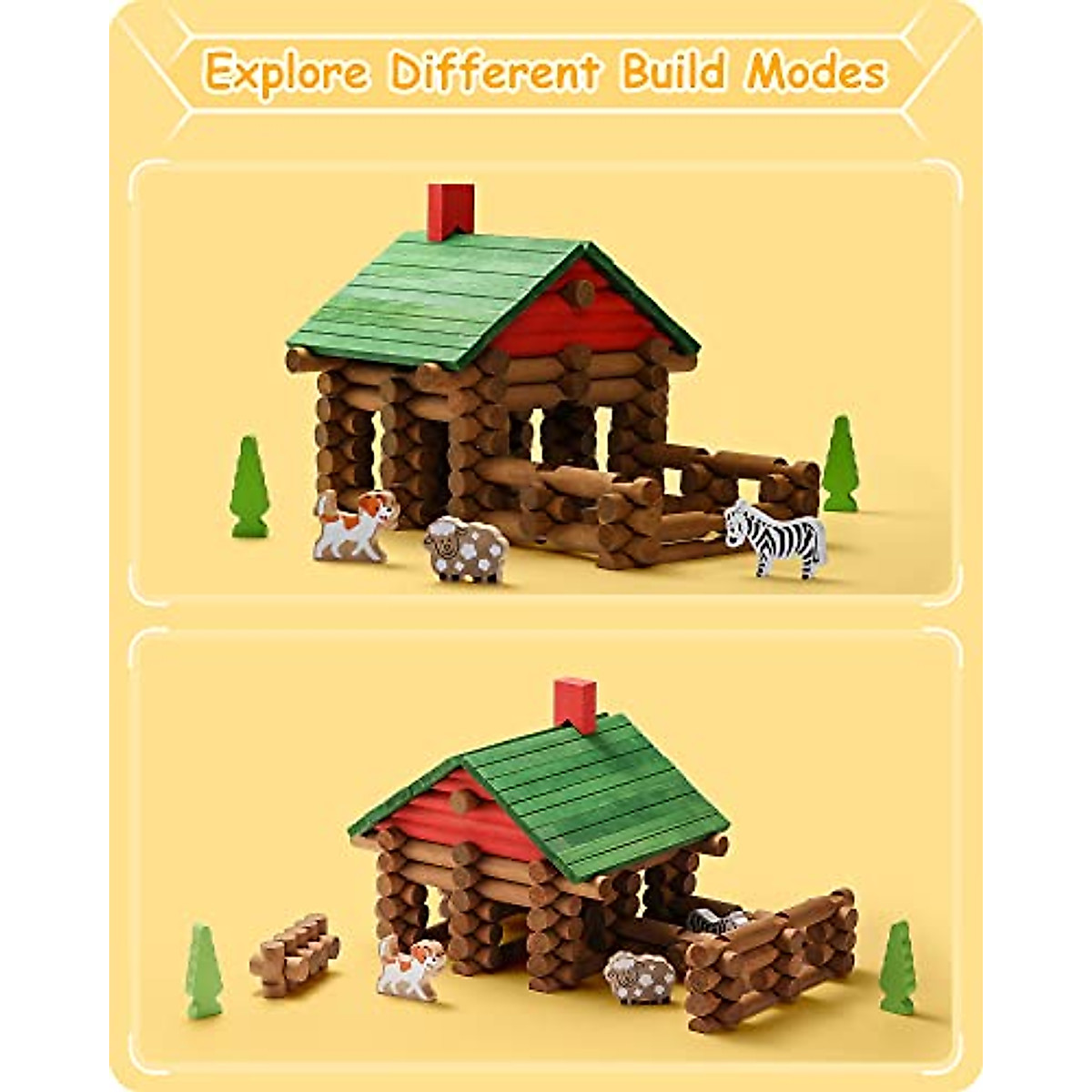 SainSmart Jr. 110 PCS Wooden Log Cabin Set Building House Toy for Toddlers, Classic STEM Construction Kit with Colorful Wood Logs Blocks for 3+ Years Old