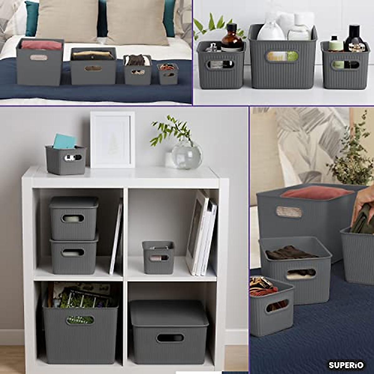 Superio Decorative Plastic Open Home Storage Bins Organizer Baskets, Medium Grey (2 Pack) Container Boxes for Organizing Closet Shelves Drawer Shelf - Ribbed Collection 5 Liter