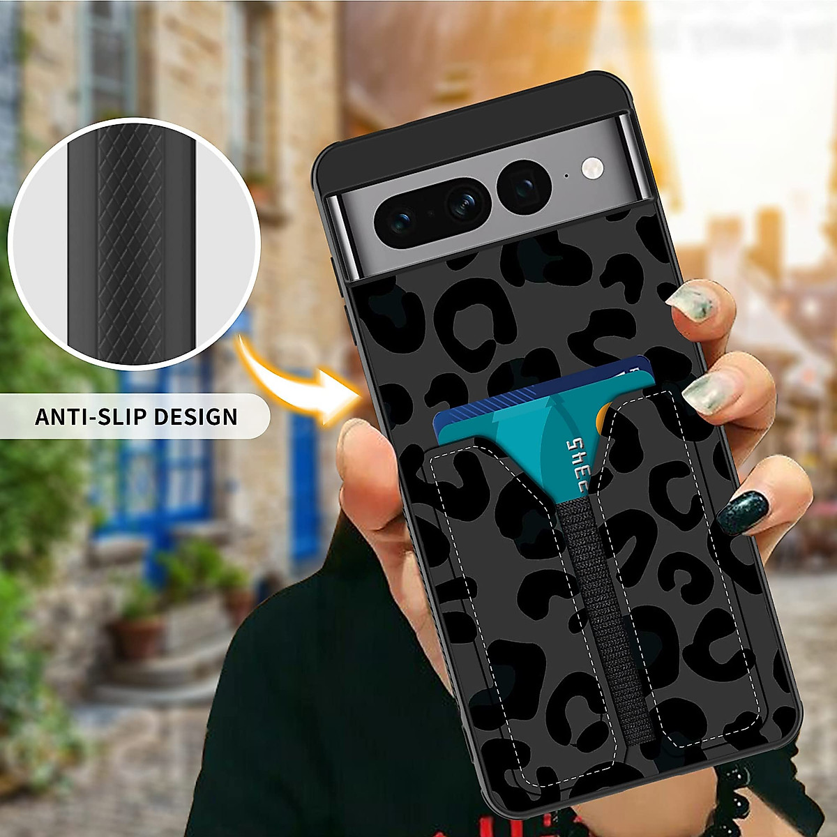 RYUITHDJP for Google Pixel 7 Pro Case Wallet Leather with Black Leopard Design Theme Phone Case for Google Pixel 7 Pro Case with Credit Card Slot Holder Shockproof Protectve Leather Case