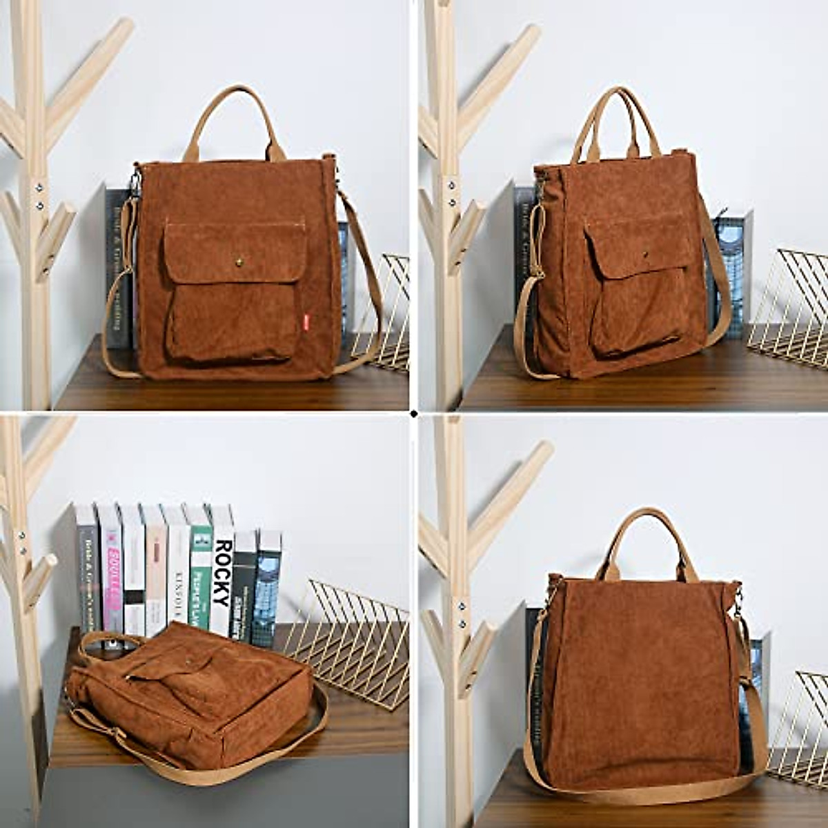 LIHENYU Corduroy Tote Bag with External Pocket,Top Zipper Closure,Aesthetic Purse Cute Crossbody Bag for School Travel Work Brown