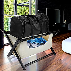 Luggage Rack Pack of 4, with Detachable Laundry Bag, Premium Texture Solid Wood Luggage Rack for Guest Room, Nylon with Foldable Suitcase Rack for Max 200LBS Load, Dirty Clothes Storage, Suitable for Hotel Rooms