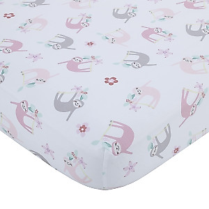 NoJo Little Love Tropical Garden Pink, Grey, and White Sloth Super Soft Fitted Crib Sheet
