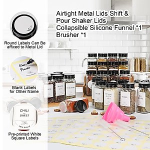 48 Pcs Glass Spice Jars with Labels and Black Lids 4oz Spice Container Set Seasoning Bottles with Blank and Printed Labels, Shaker Lids, Collapsible Funnel and Brush Included