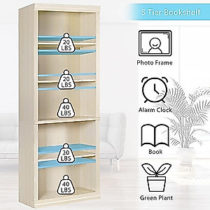 LTMEUTY Wooden Bookcase - Freestanding 5 Shelves Bookshelf, Tall Storage Book Shelf for Living Room, Office, Library, White Wood Grain