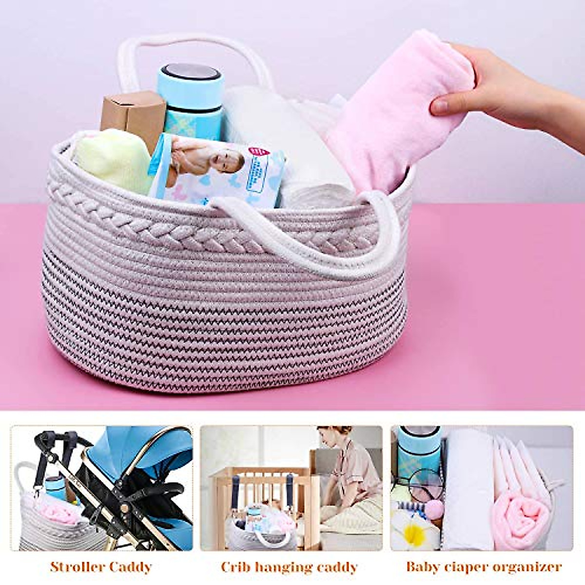 Shynek Rope Diaper Caddy Organizer Baby Diaper Caddy Basket Changing Table Diaper Nursery Basket with Removable Insert and Stroller Hooks Clips for Diaper Baby Shower Newborn Registry