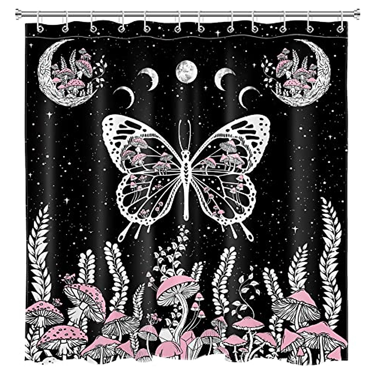 LB Mushroom and Butterfly Shower Curtain for Bathroom,Boho Starry Sky with Moon Phase and Country Plant Fabric Shower Curtain with Hooks,Black and White Bathroom Curtains Shower Set, 72x72 inches