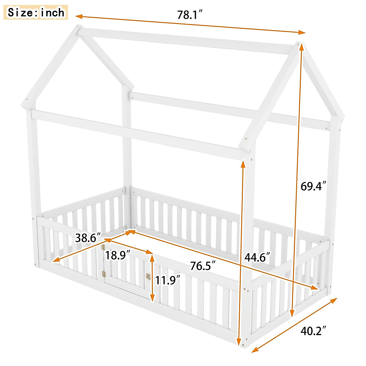 P PURLOVE Twin Size Floor House Bed Frame,Wood Montessori Floor Bed Frame with Fence for Boys,Girls,White
