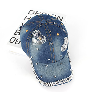 Hoce Fashion Rhinestone Denim Baseball Cap Studded Bling Hat for Women