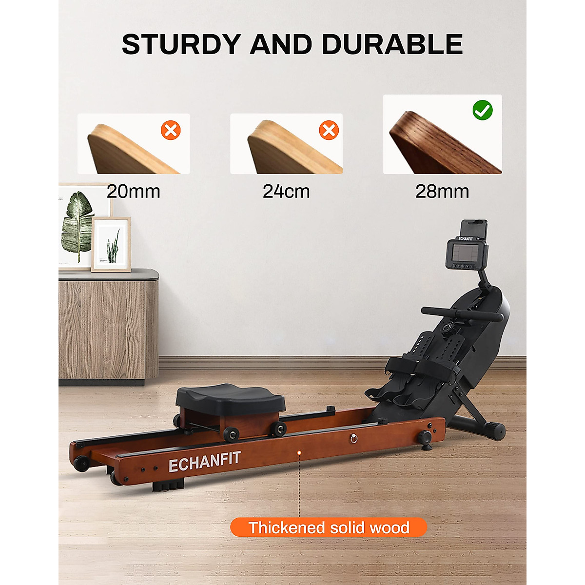 ECHANFIT Magnetic Wood Rowing Machine for Home Use with 16 Levels Adjustable Resistance, Foldable Rower with LCD Monitor, Tablet Holder and 350 LB Weight Capacity, No Assembly Required