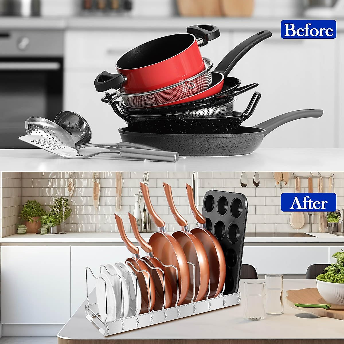 JORETLE Pot Lid Organizer, Pot and Pan Lid Holder Kitchen Pot Lid Rack, Best Organization Tool Suitable for Baking Pan, Cutting Board, Trays (2 PCS, 8 Silicone Foot Covers)