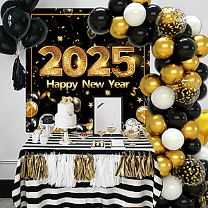 Happy New Years Eve Party Supplies 2025,New Years Decorations Black and Gold Confetti Balloon Garland Arch Kit Happy New Year Backdrop Banner for New Year Party Anniversary Retirement Graduation